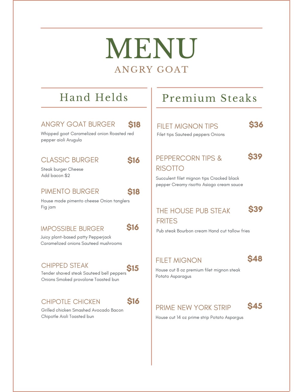 Menu | The Angry Goat